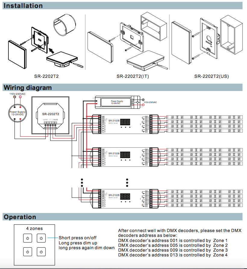 Dimmer Switch 4 - 4 Zone Wall Plate DMX Controller