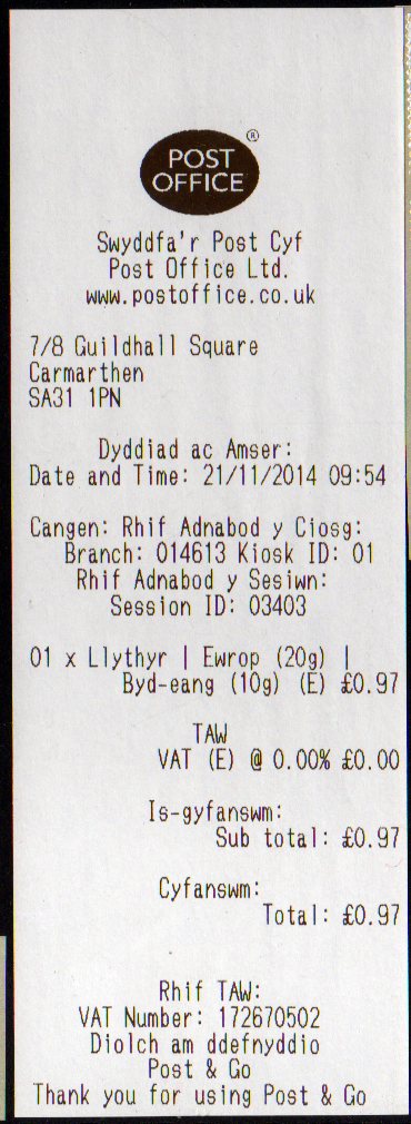 Wincor-Nixdorf Post and Go Faststamps Winter Greenery with Welsh receipt