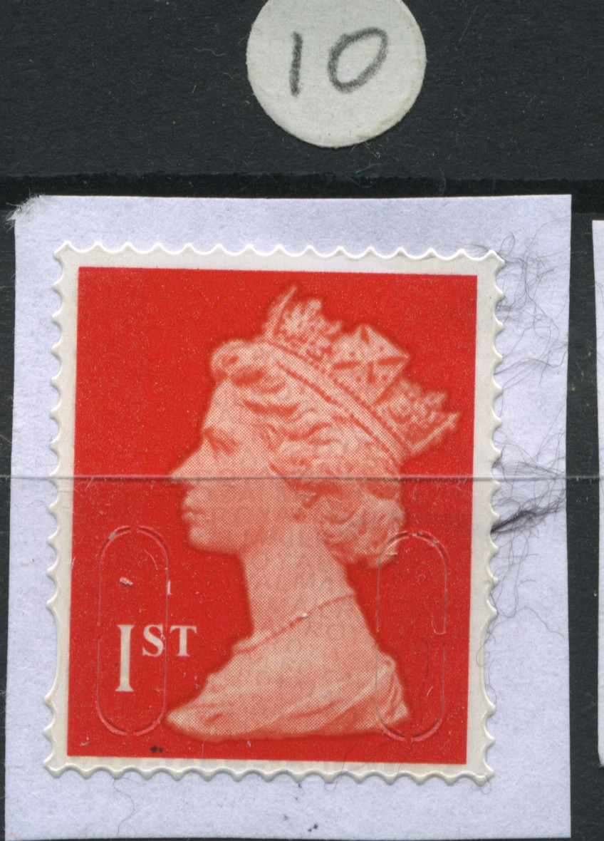 Forged Machin 1st class red stamp, used on paper, M13L MTIL