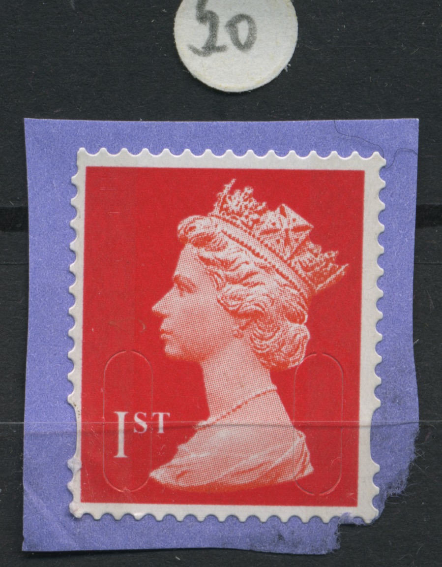 Forged Machin 1st class red stamp, used on paper, M13L MTIL