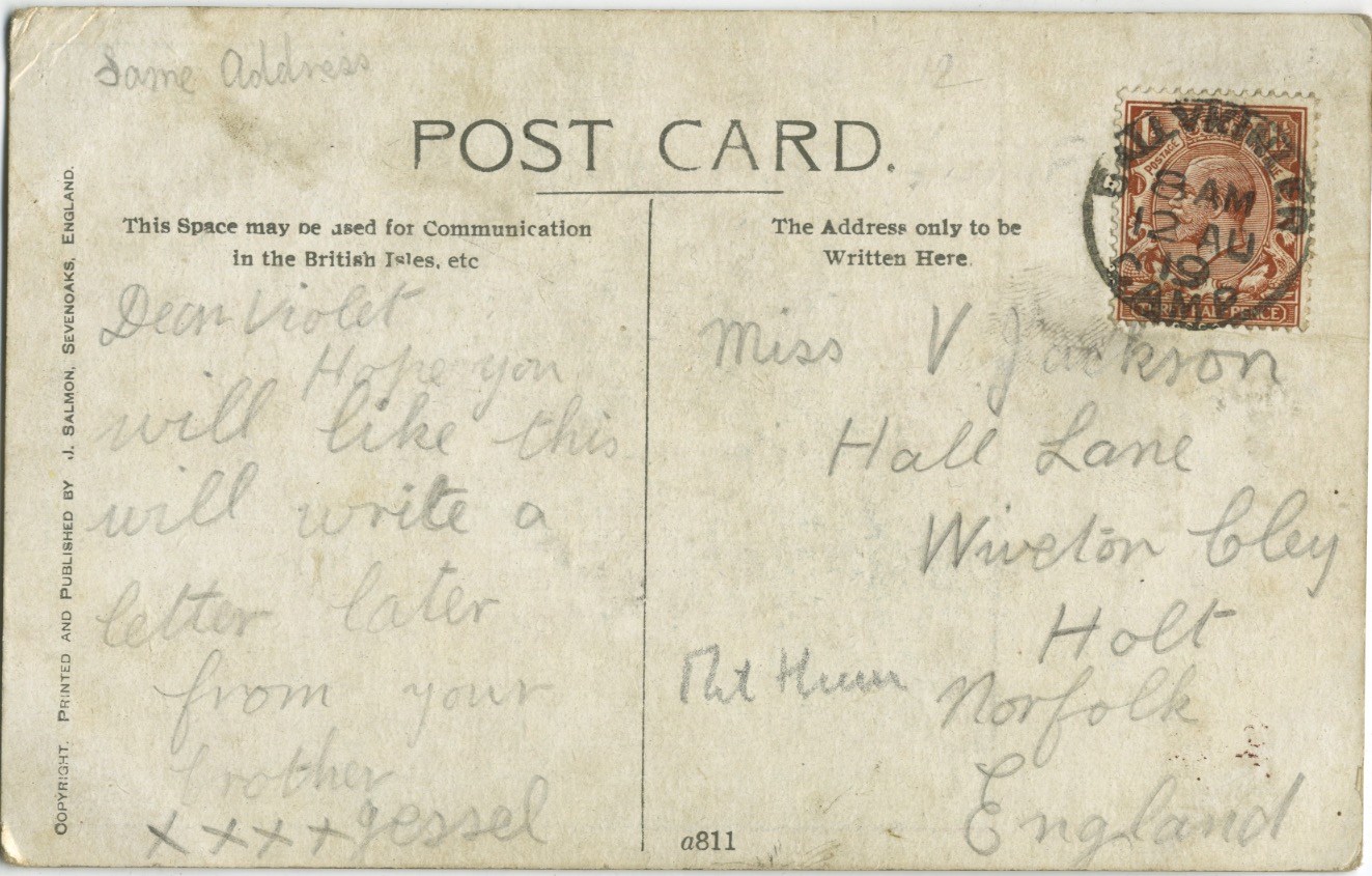 Ballykinler Camp postmark 1919 on Army cartoon postcard.