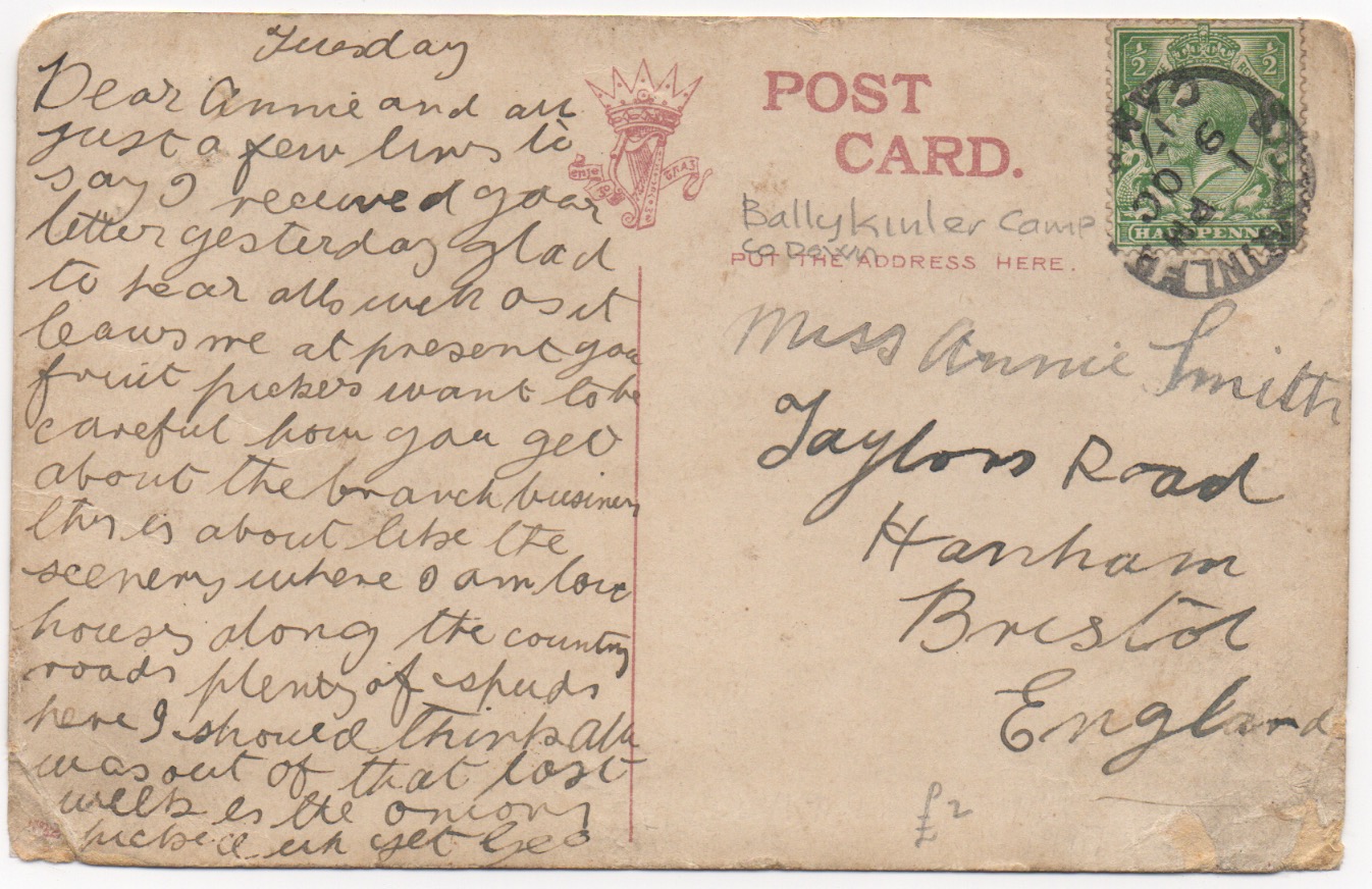 Ballykinler Camp postmark 1917 on picture postcard.