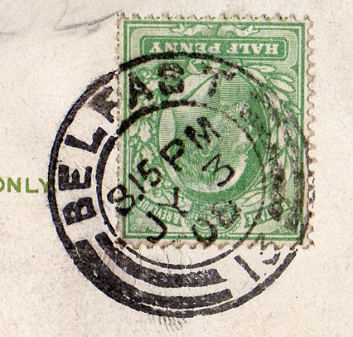 Belfast = 13 = handstamp 1908