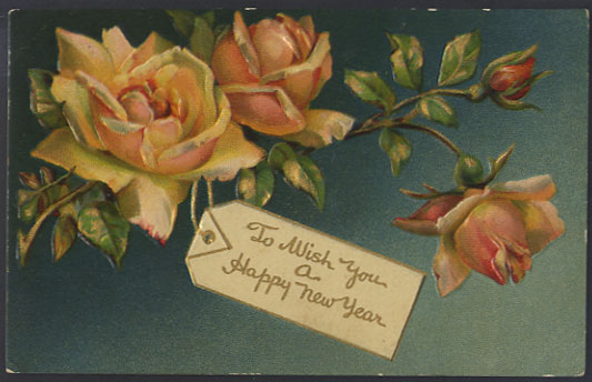 Happy New Year card - roses, embossed,gold