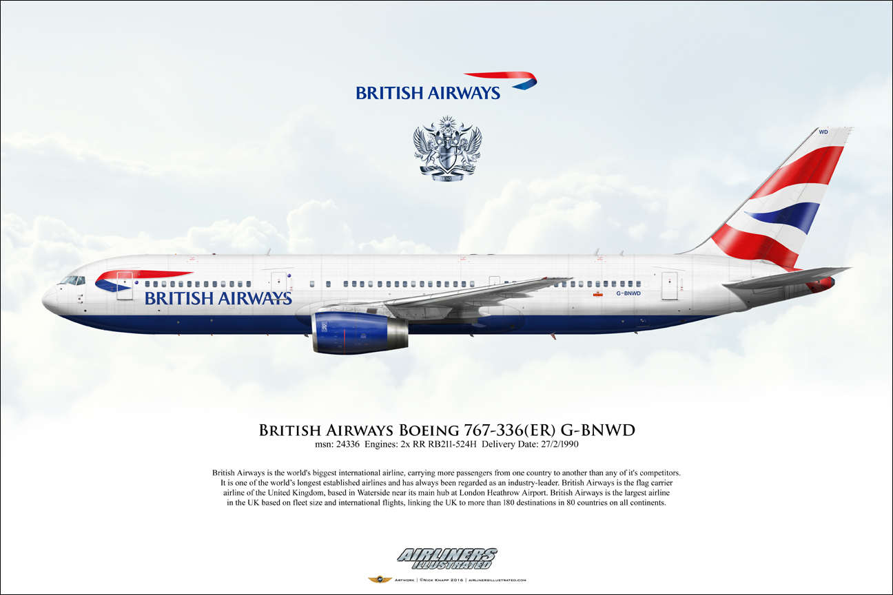 Airliners Illustrated® British Airways Boeing 767-336ER G-BNWD Art Print