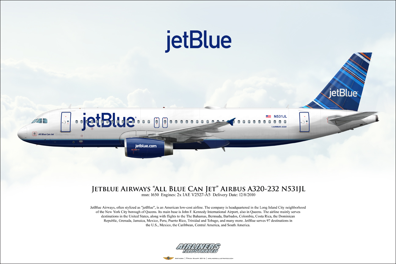 jetBlue Airways "All Blue Can Jet" Airbus A320-232 N531JL Fine Art Print