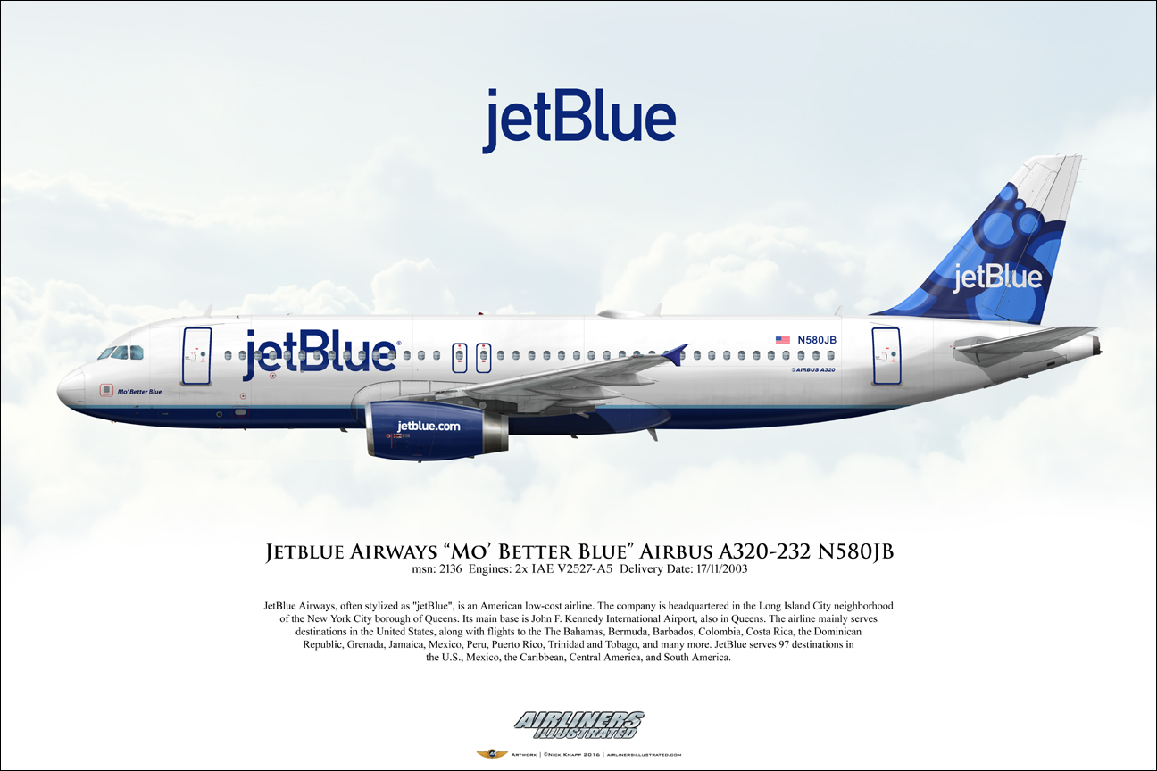Jetblue Airways "Mo' Better Blue" Airbus A320-232 N580JB Fine Art Print