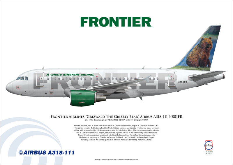Frontier Airlines "Grizwald the Grizzly Bear" Airbus A318-111 N801FR