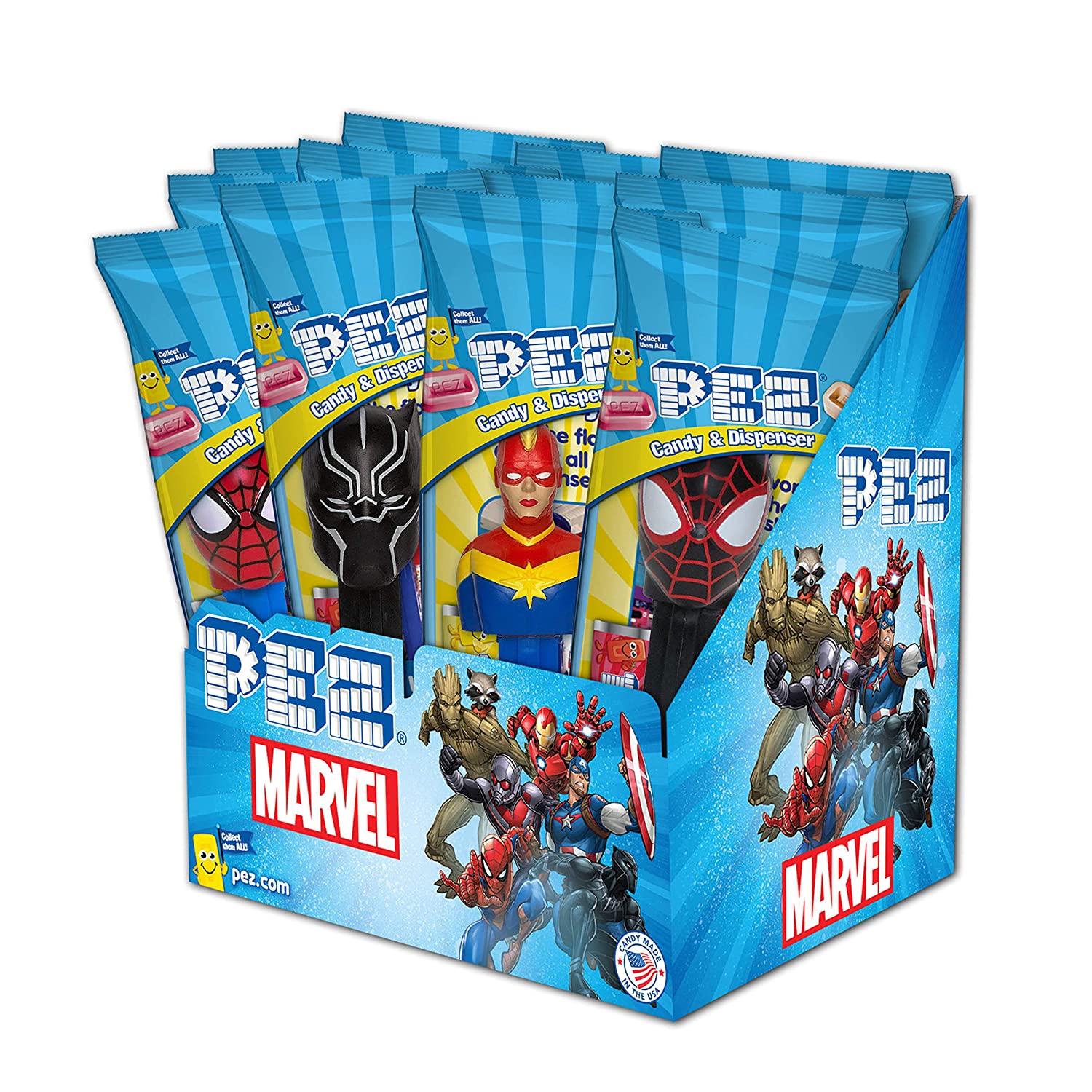 PEZ Marvel Sweets Dispenser Plus 2 Fruit Candy Refill Packs - 16.4g