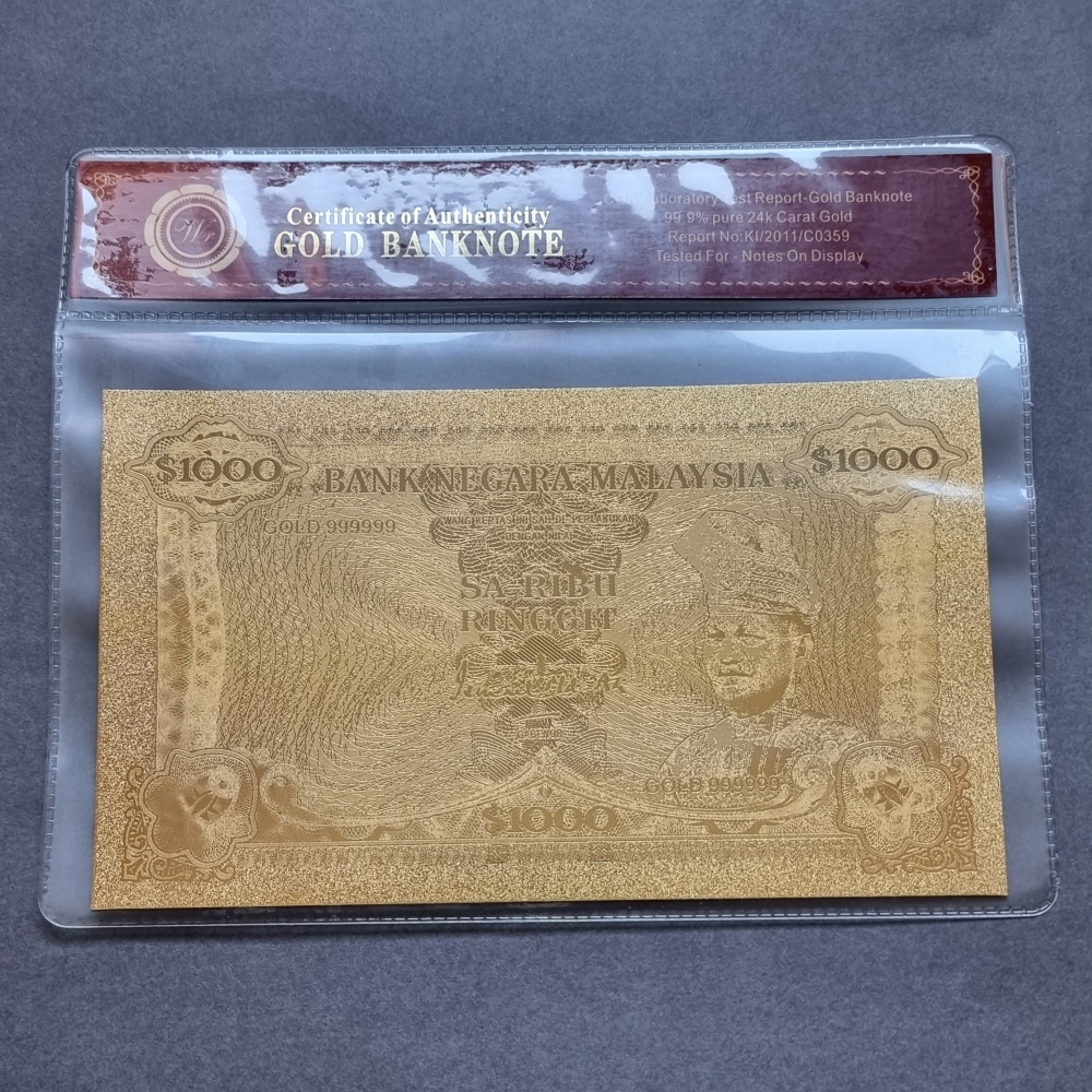 MALAYSIA 1000 Ringgit 24k gold plated banknote with COA
