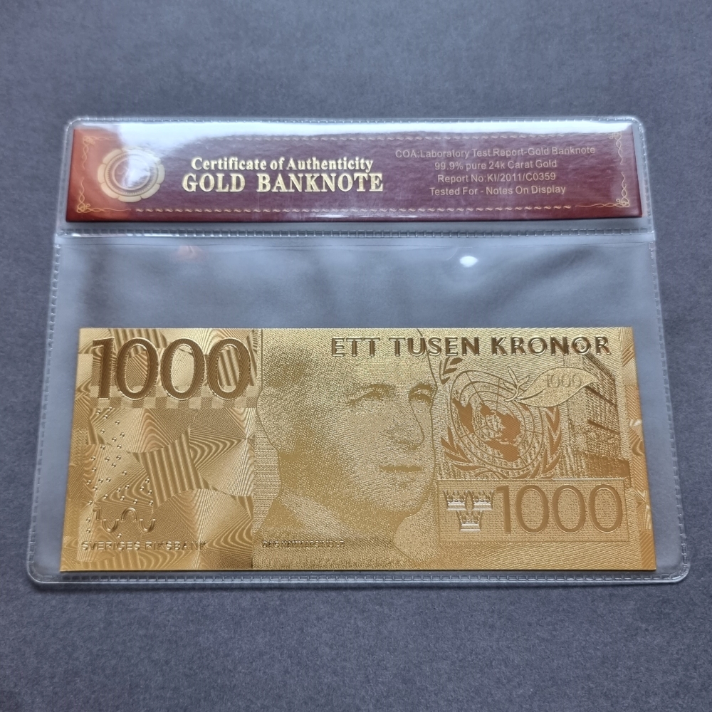 SWEDEN 1000 Kronor 24k gold plated banknote with COA