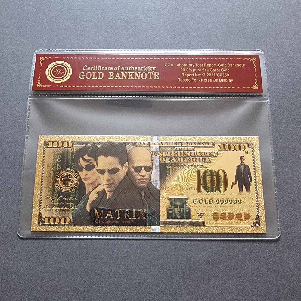 Colourised THE MATRIX 24k gold plated banknote with COA
