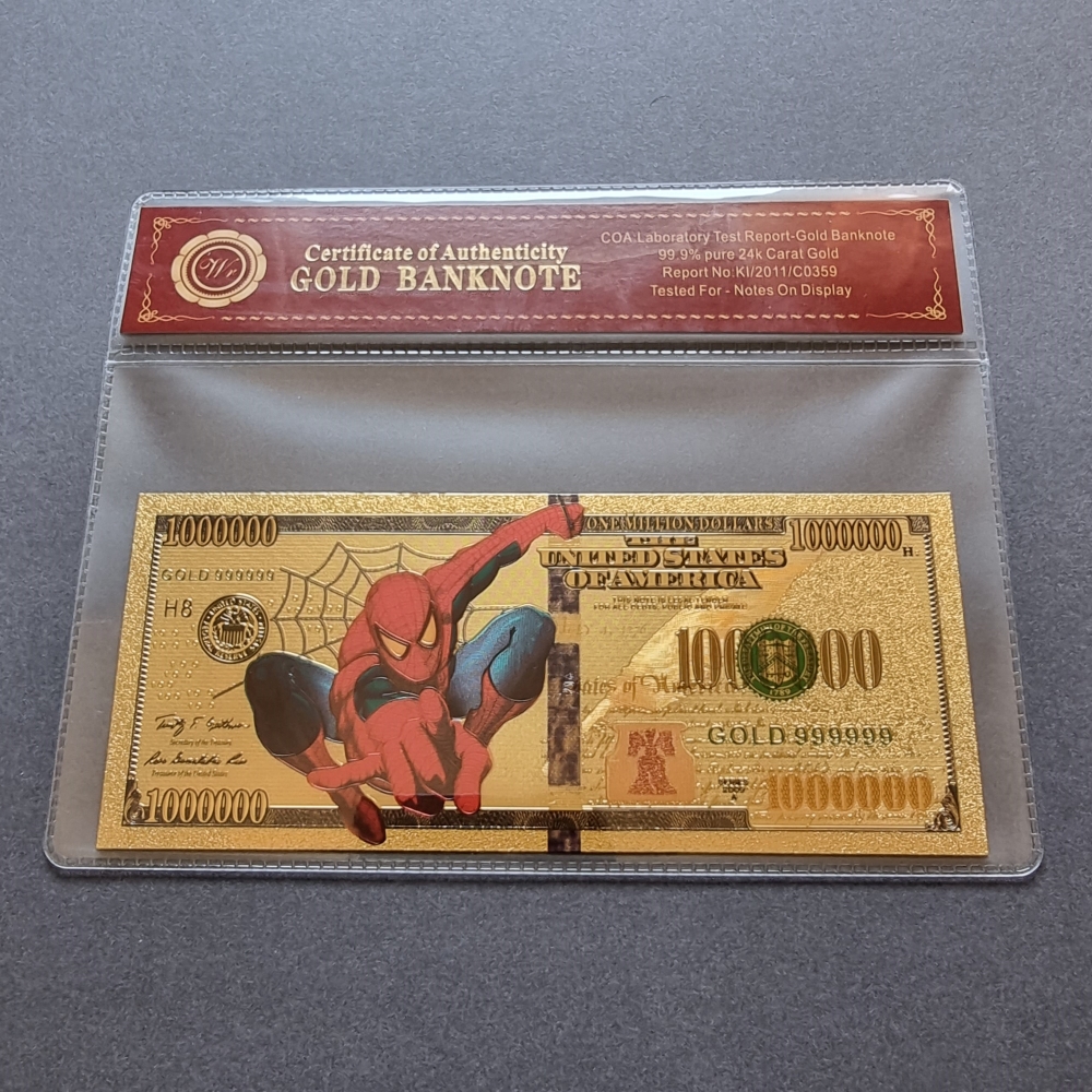 Colourised SPIDERMAN 24k gold plated banknote with COA