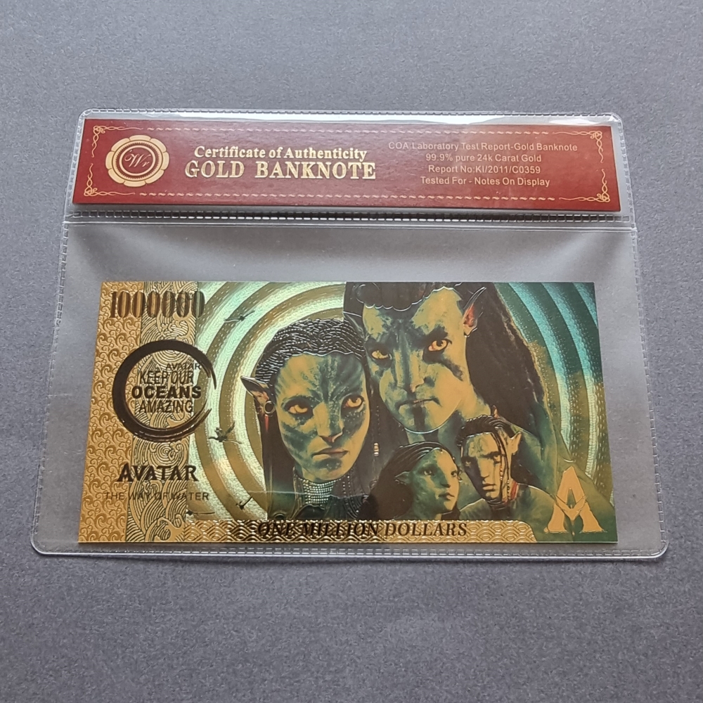 Colourised AVATAR (The Way Of Water) 24k gold plated banknote with COA
