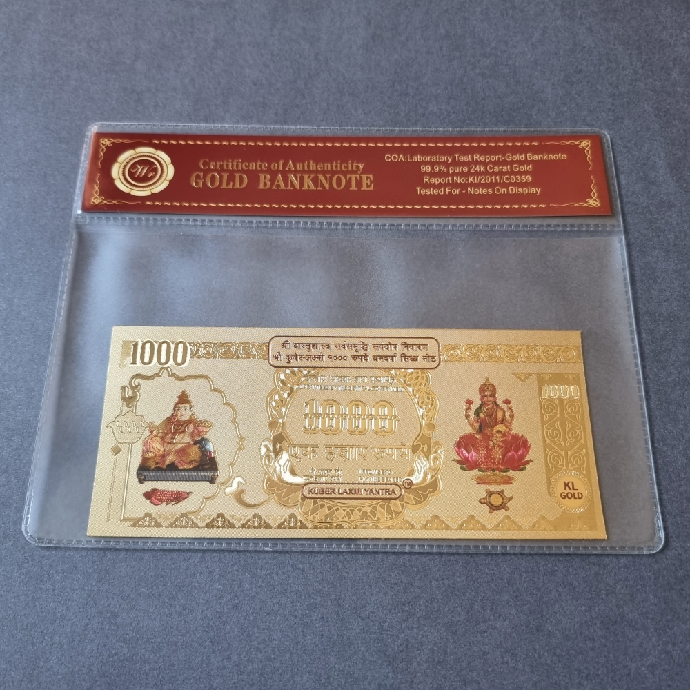 Colourised INDIA 1000 Rupees Hindu Gods 24k gold plated banknote with COA