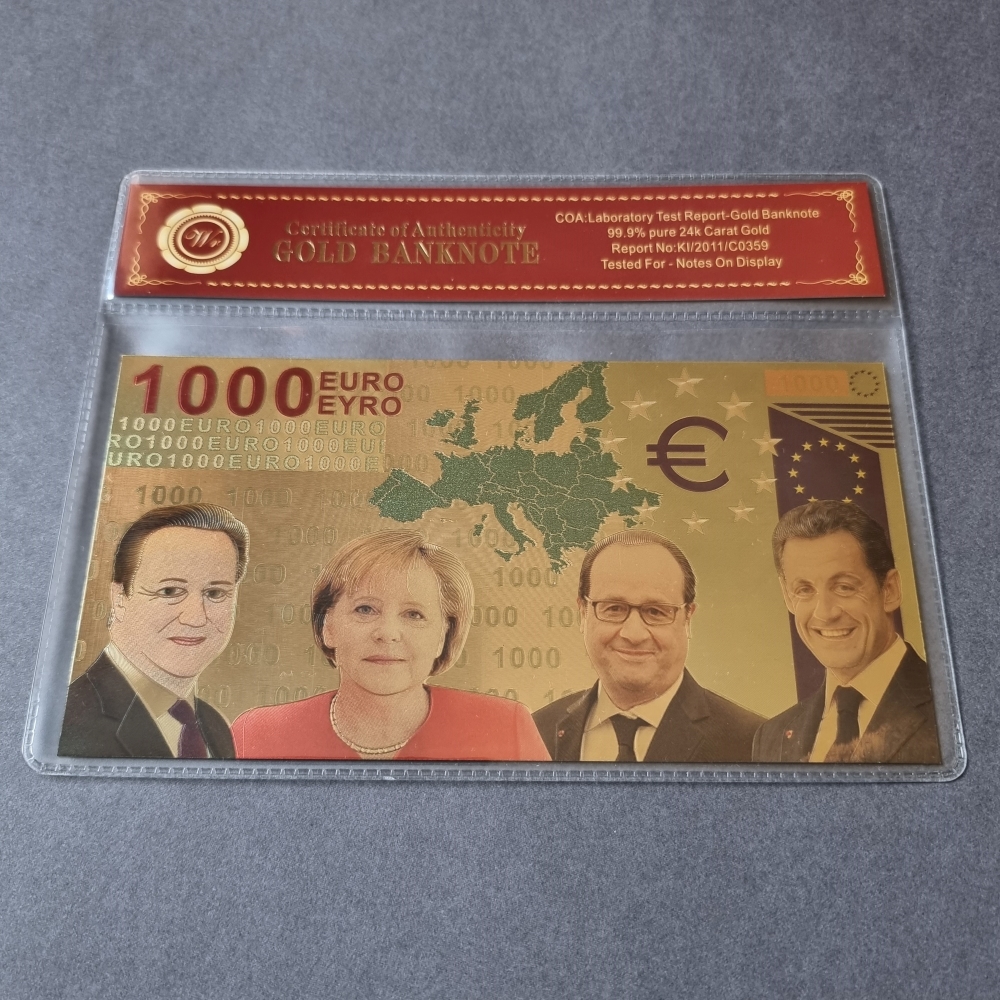 Colourised 1000 EUR 24k gold plated banknote with COA