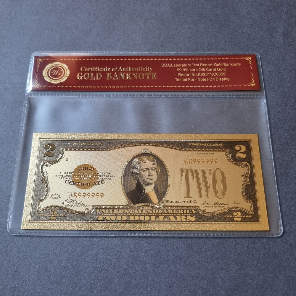 Colourised USA 2 Dollars 1928 Gold Certificate 24k gold plated banknote ...