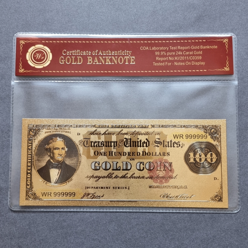 Colourised USA 100 Dollars 1882 Gold Coin 24k gold plated banknote with COA