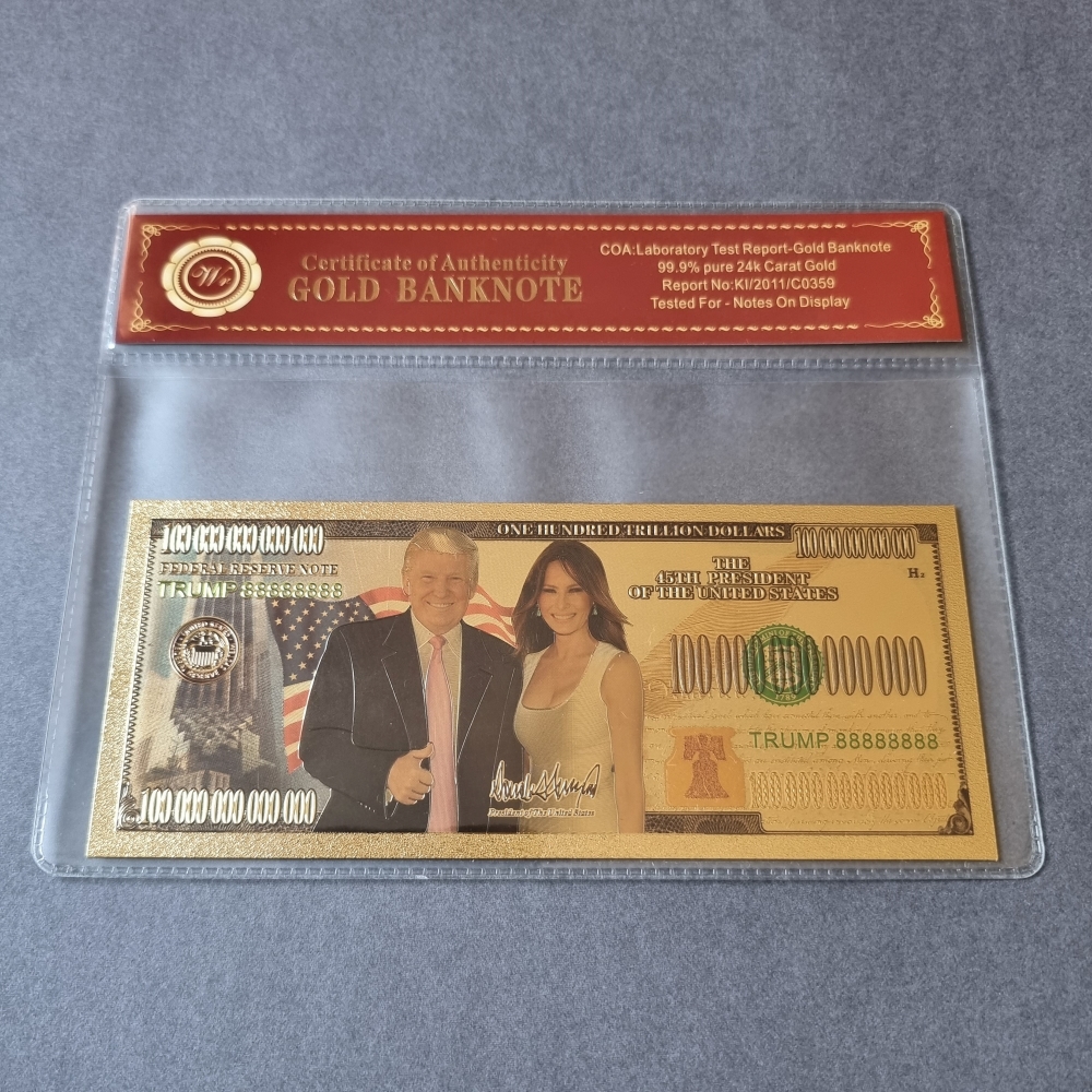 Colourised DONALD & MELANIA TRUMP 24k gold plated banknote with COA