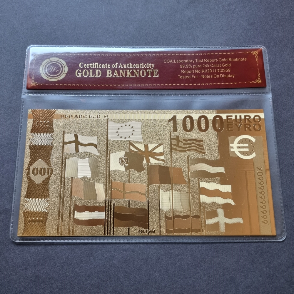 1000 EUR 24k gold plated banknote with COA