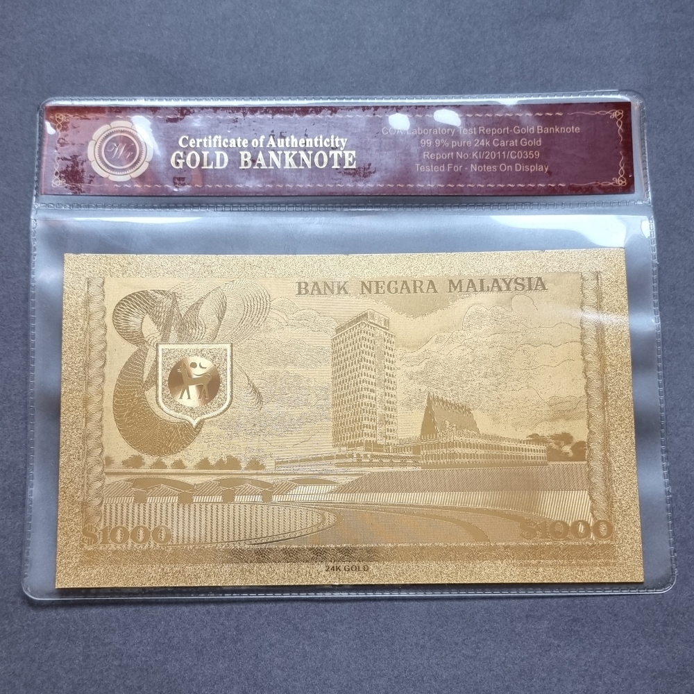 MALAYSIA 1000 Ringgit 24k gold plated banknote with COA