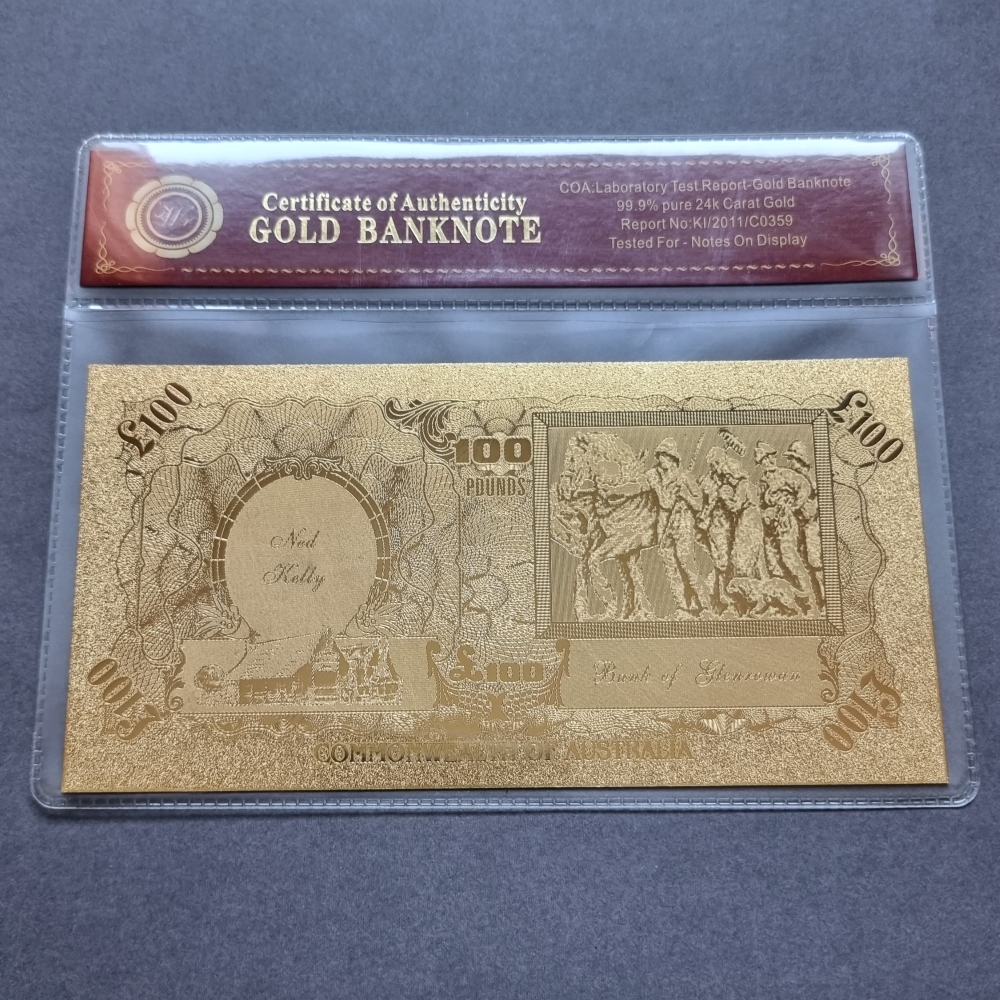 AUSTRALIA 100 Pounds Ned Kelly 24k gold plated banknote with COA