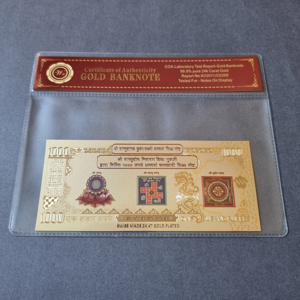 Colourised INDIA 1000 Rupees Hindu Gods 24k gold plated banknote with COA