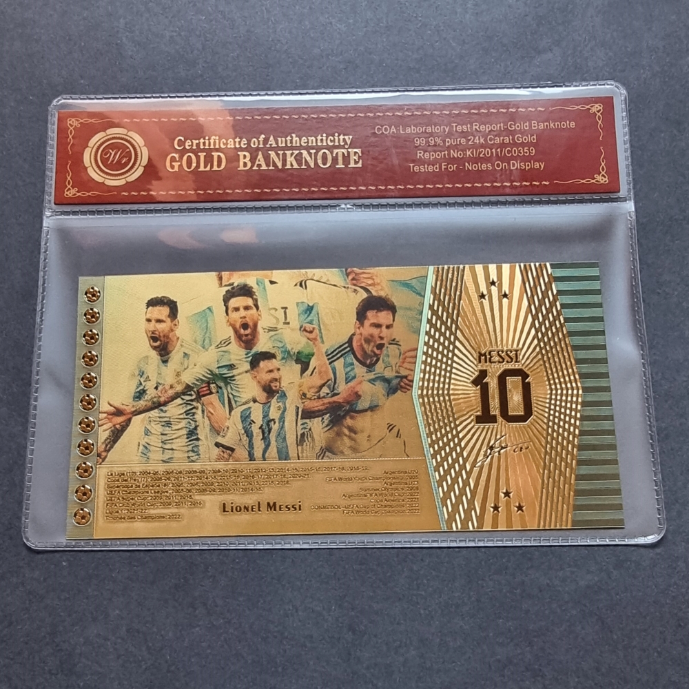 Colourised LIONEL MESSI King Of Football 24k gold plated banknote with COA