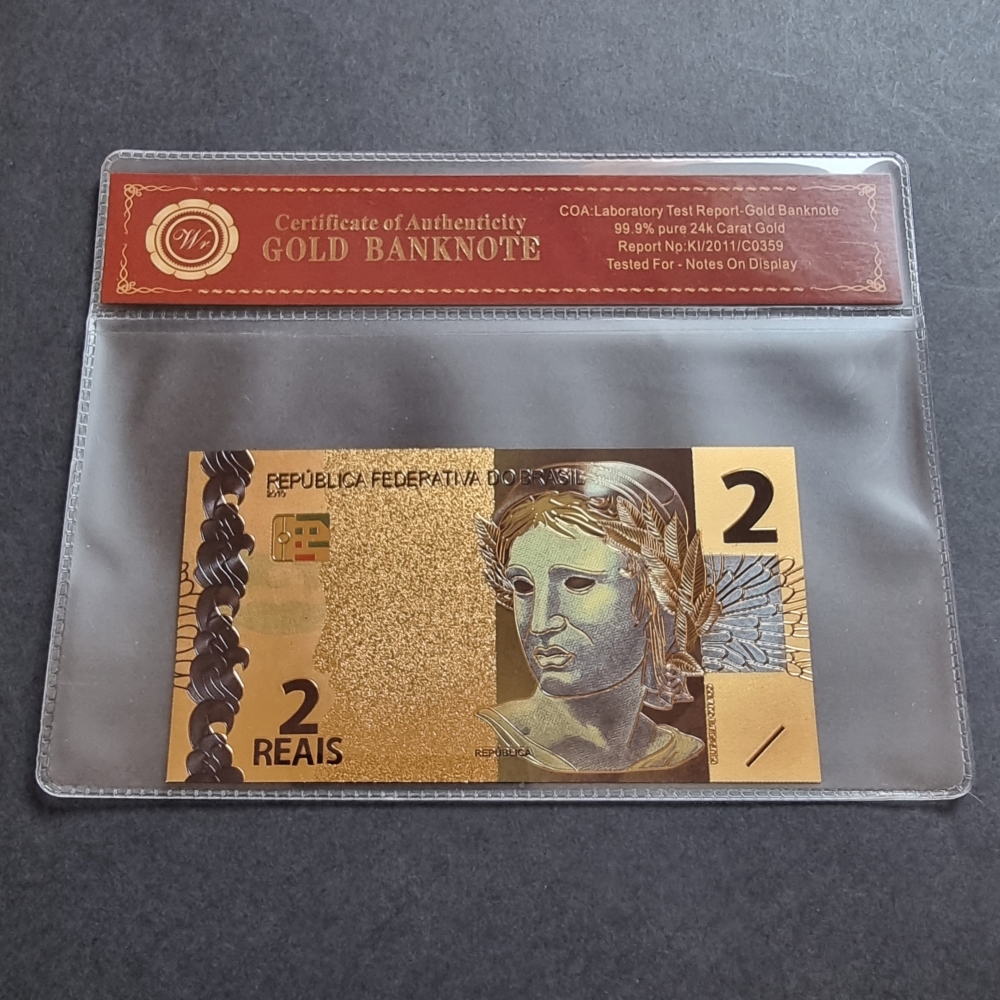 Colourised BRAZIL 2 Reais 24k gold plated banknote with COA