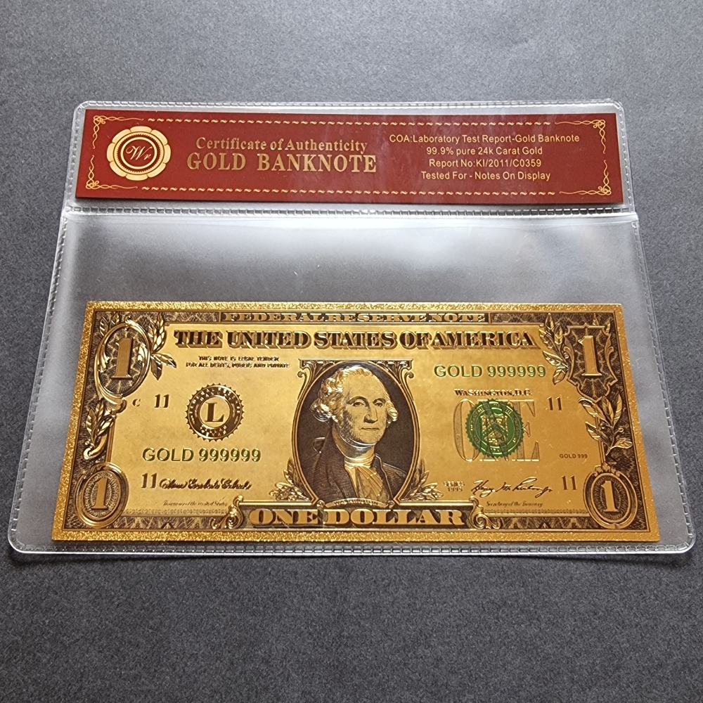 Colourised USA 1 Dollar 24k gold plated banknote with COA