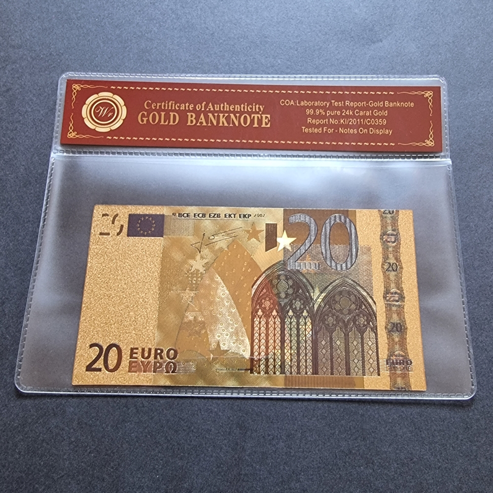 Colourised 20 EUR 24k gold plated banknote with COA