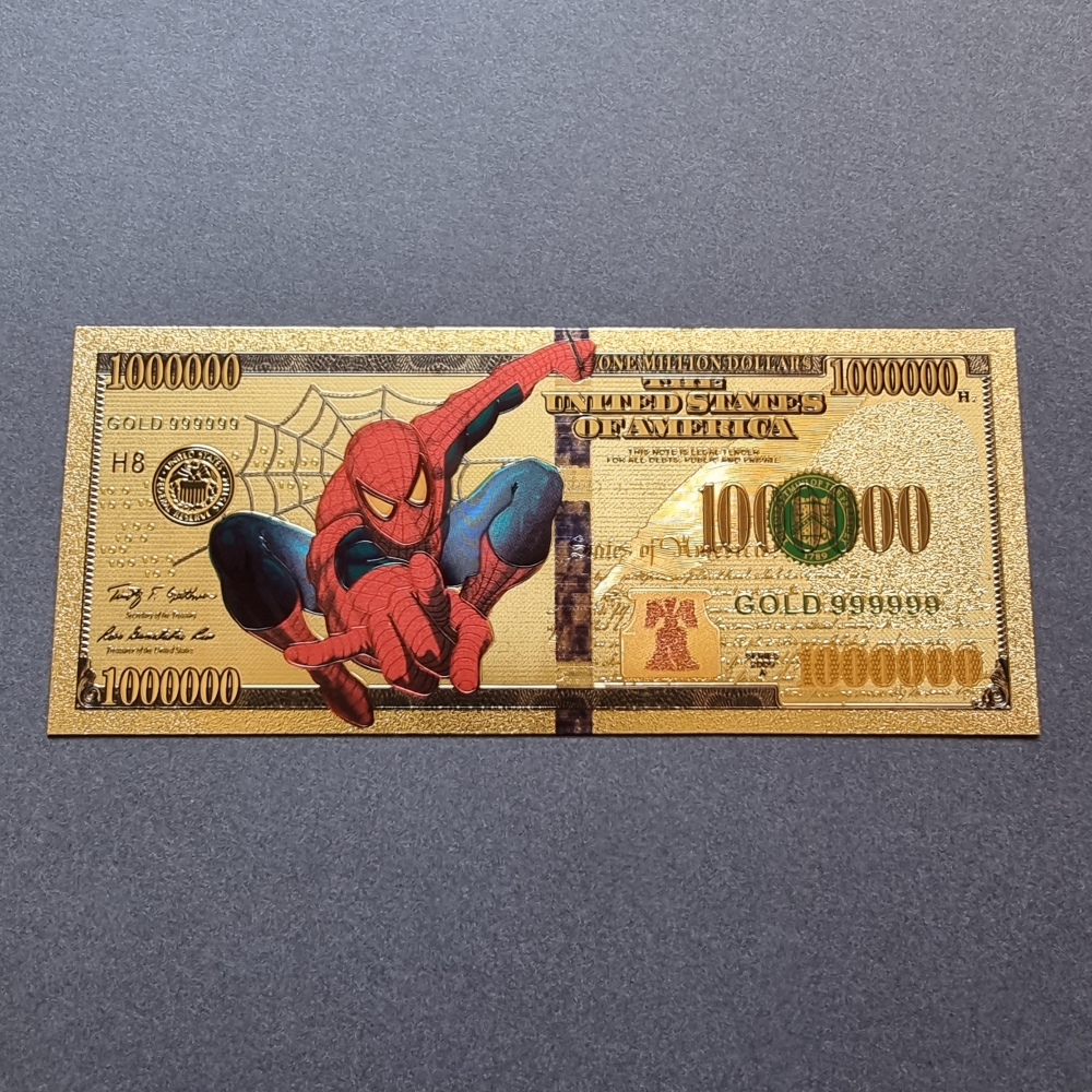 Colourised SPIDERMAN 1.000.000 Dollars 24k gold plated banknote