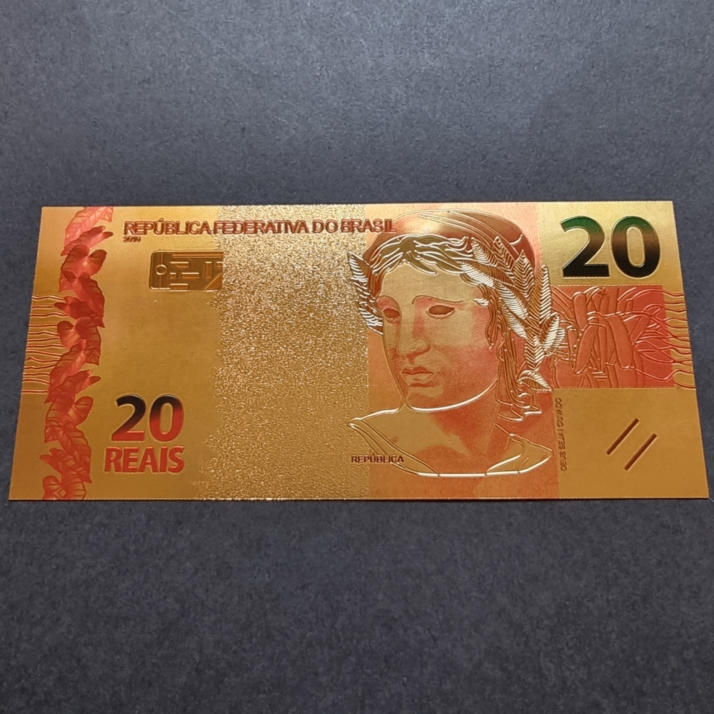 Colourised BRAZIL 20 Reais 24k gold plated banknote
