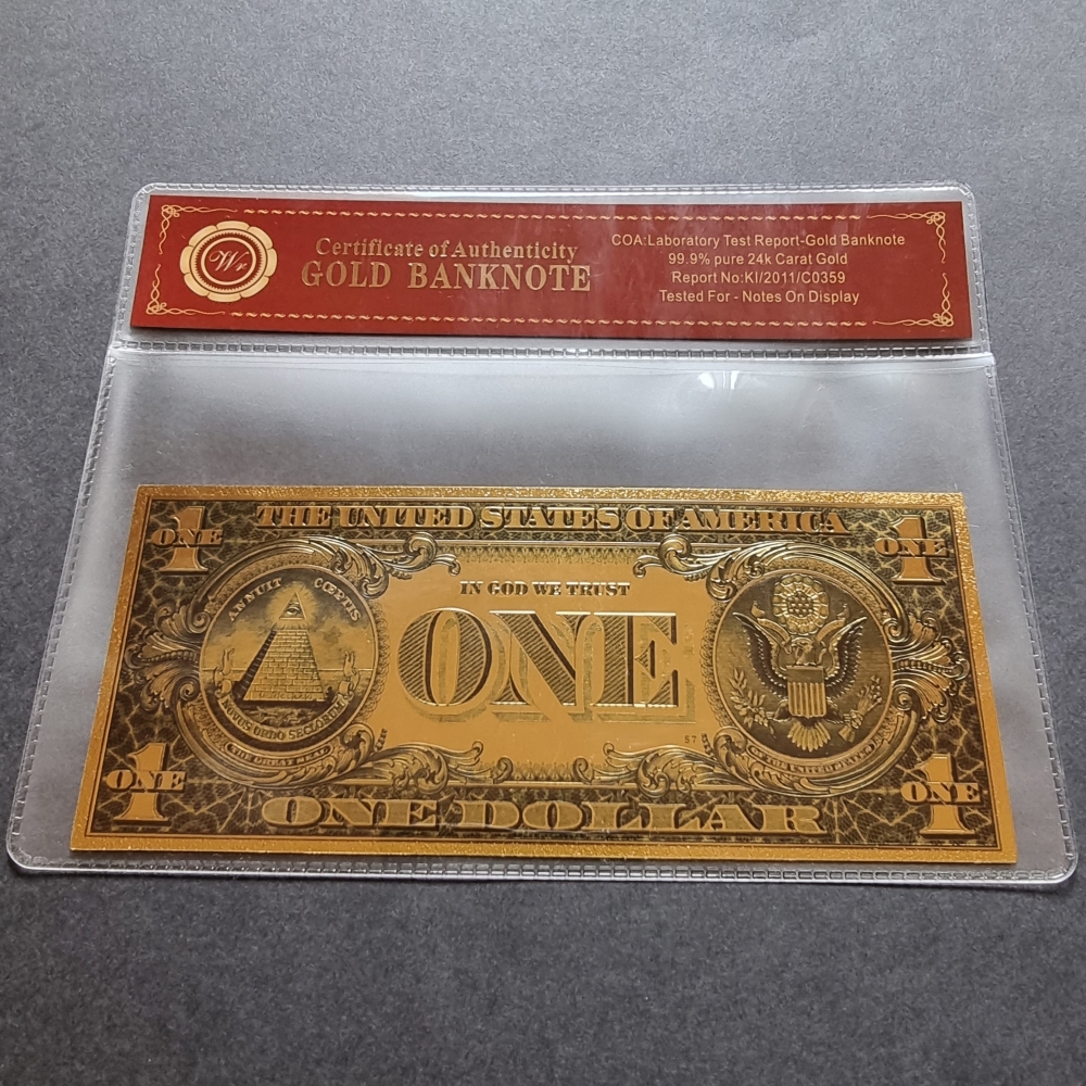 Colourised USA 1 Dollar 24k gold plated banknote with COA