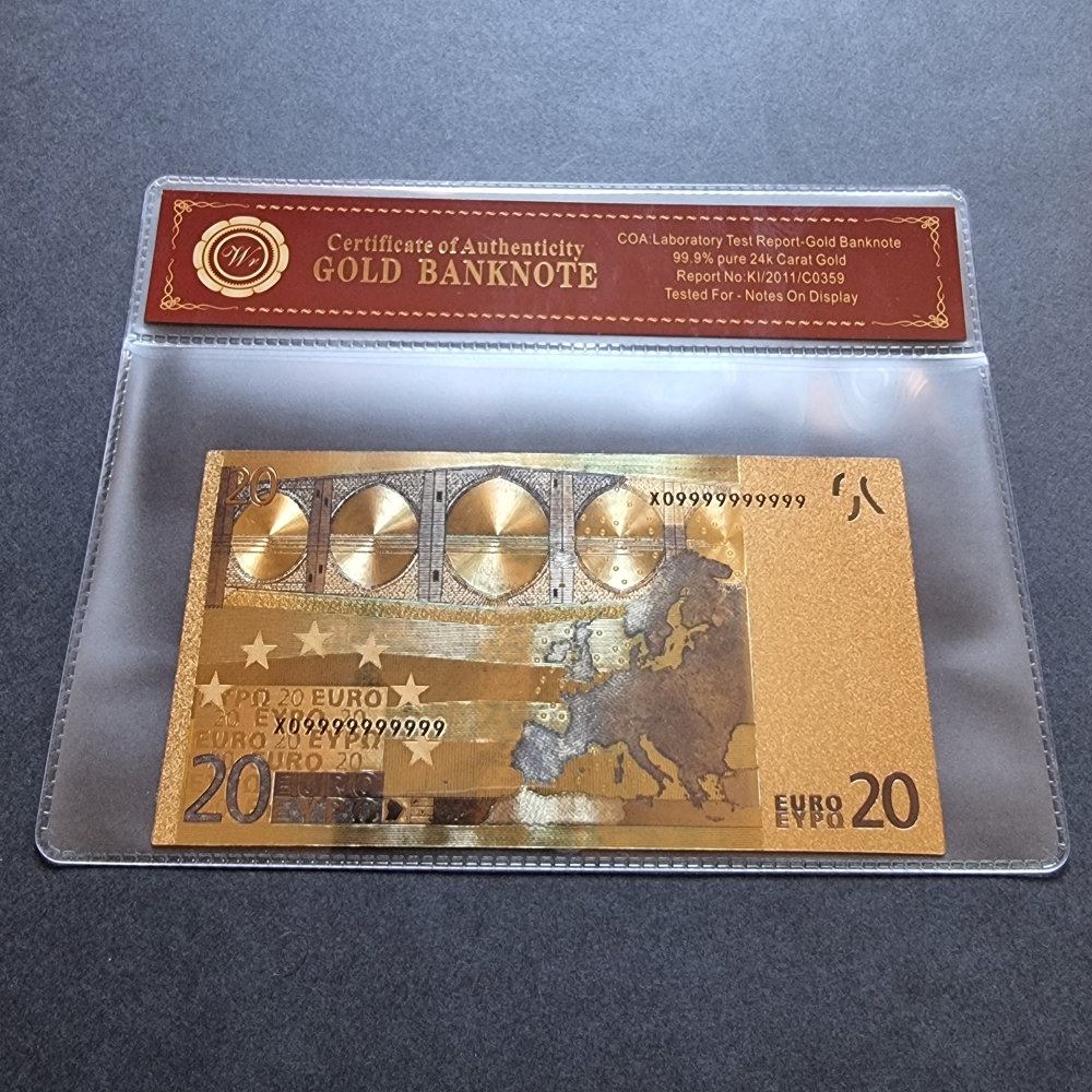 Colourised 20 EUR 24k gold plated banknote with COA