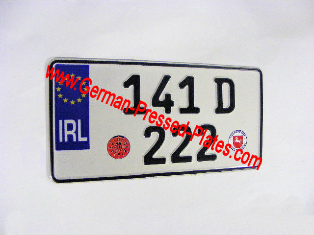 German Square Pressed Number Plate with Red Stickers
