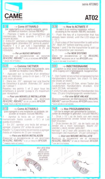 CAME Atomo AT01 Gate Remote Control Transmitter Key Fob