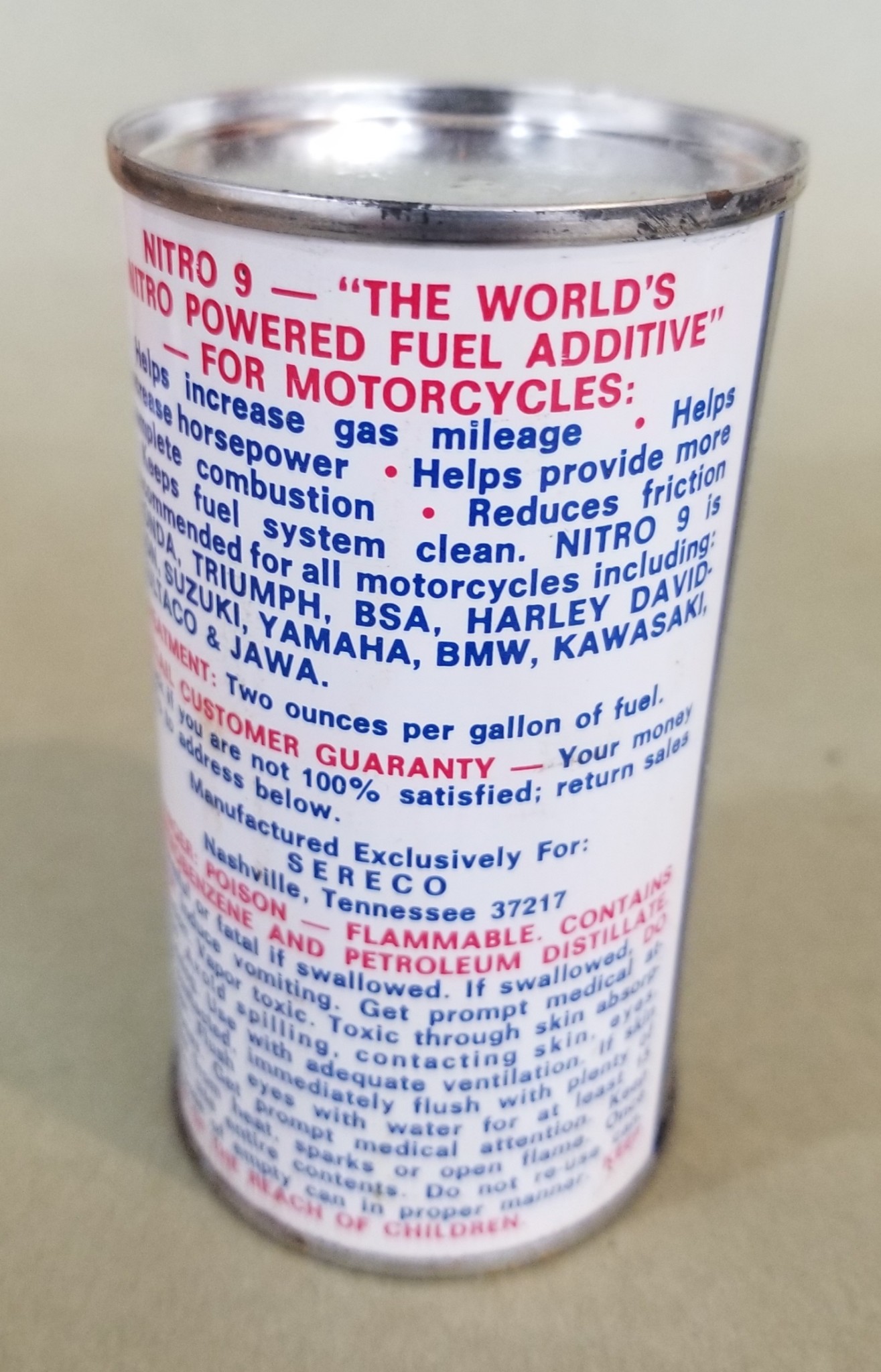 ORIGINAL 4oz NITRO 9 MOTORCYCLE ADDITIVE CAN Metal, NOS