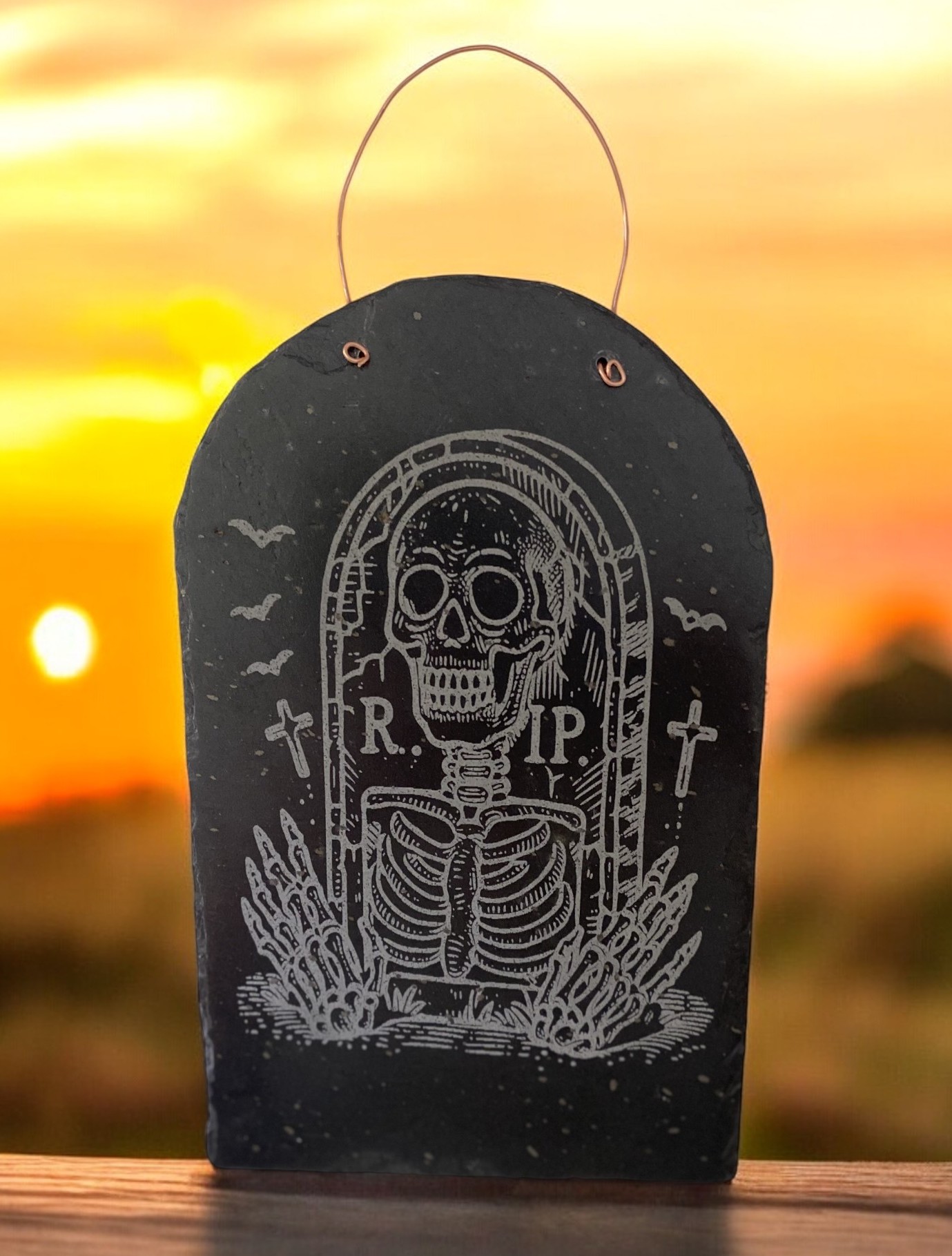 Personalised Slate Tombstone Shape with Spooky Skeleton Halloween Design