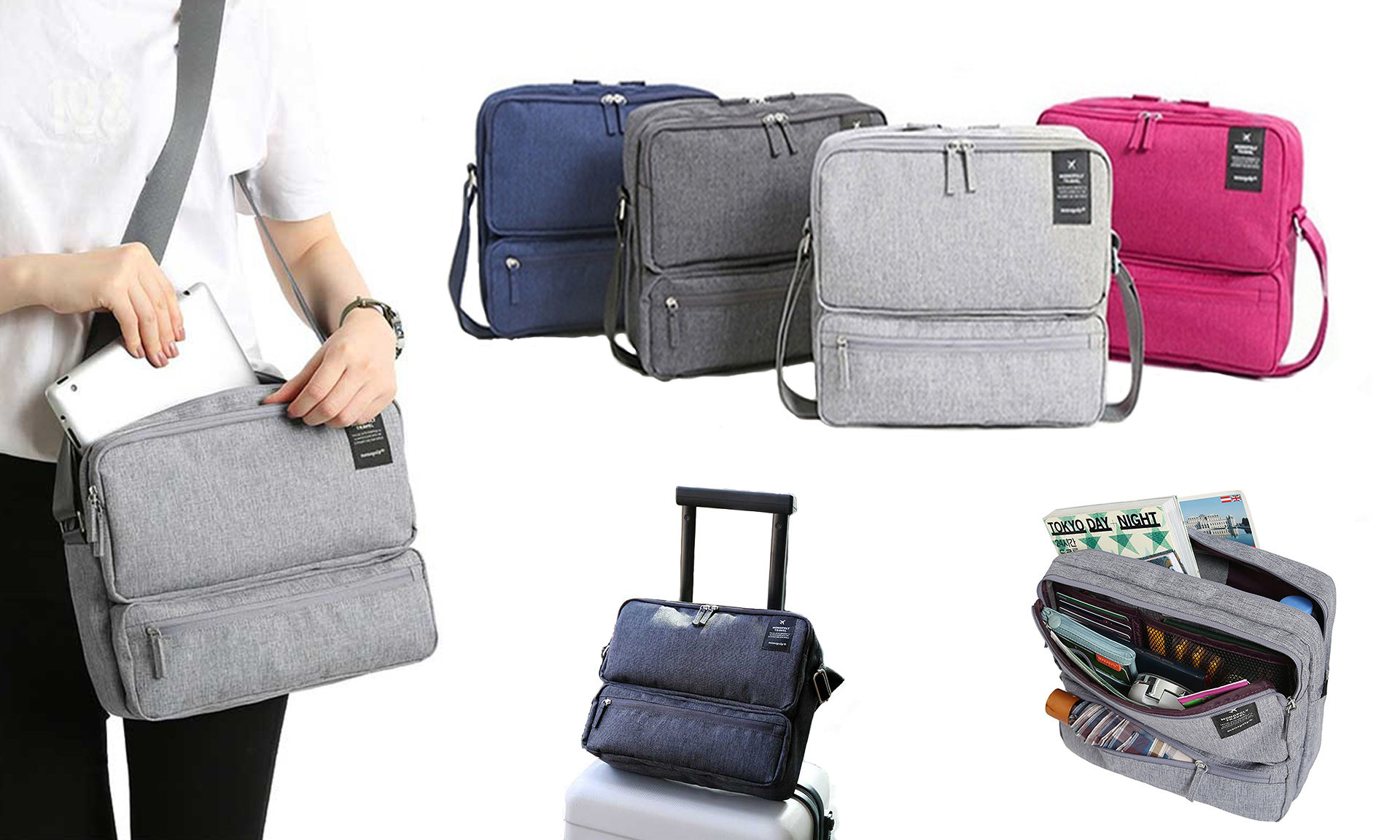 Travel Bag Hand Luggage Cross Body Multi Compartment Long Strap ...