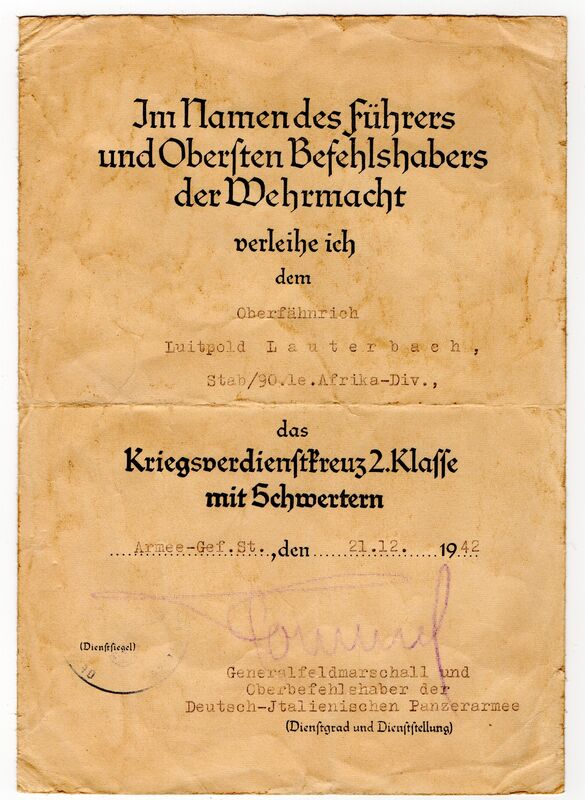 Original WW2 german award document General Erwin Rommel hand signature