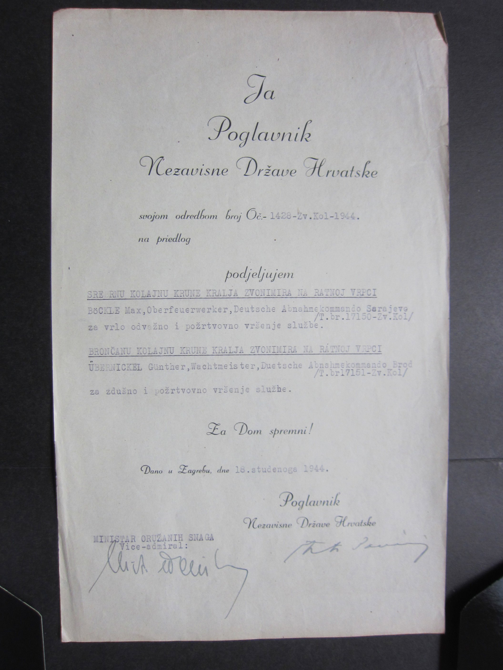 Original WW2 Ante Pavelic documents signatures