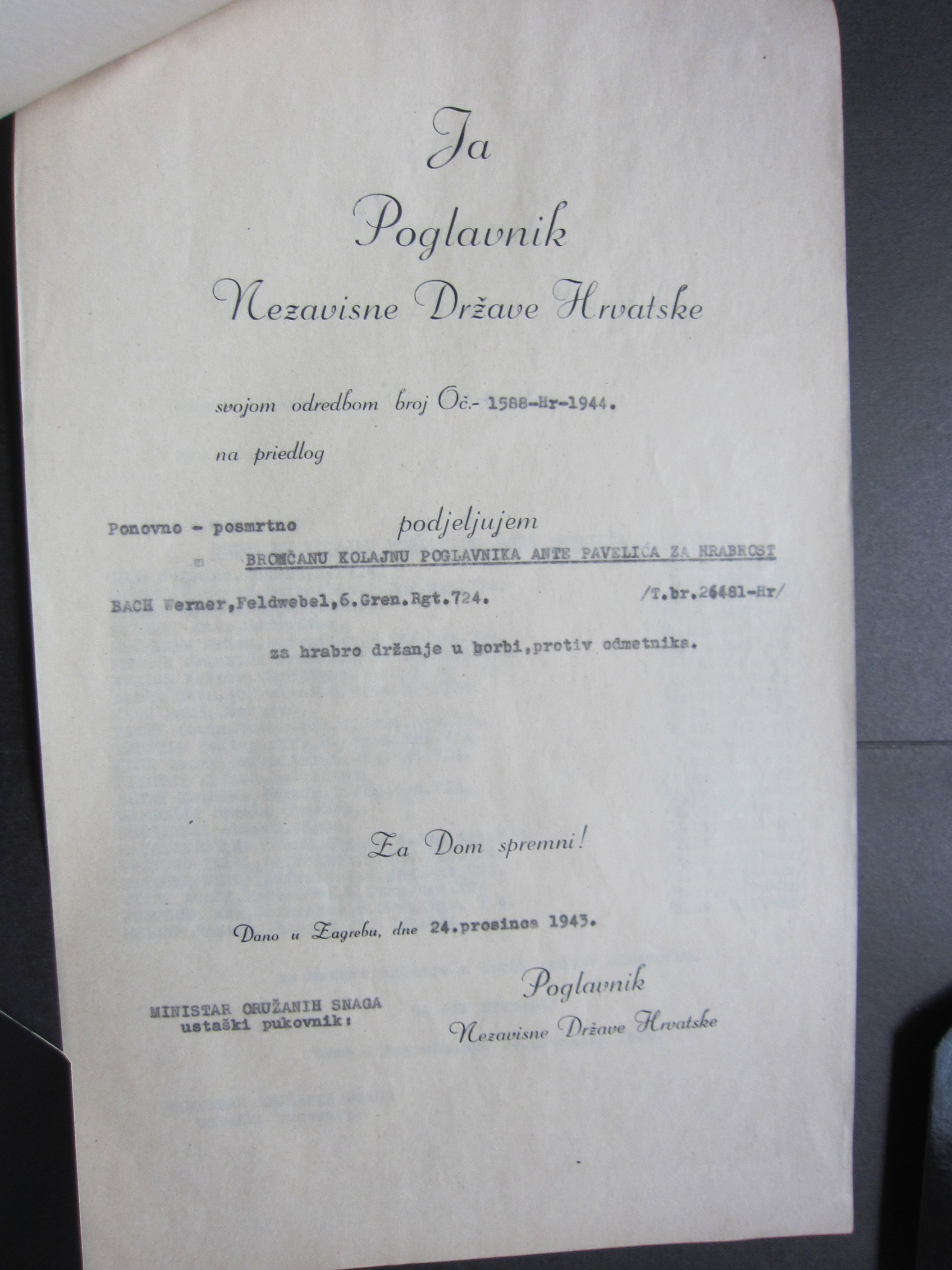 Original WW2 Ante Pavelic documents signatures