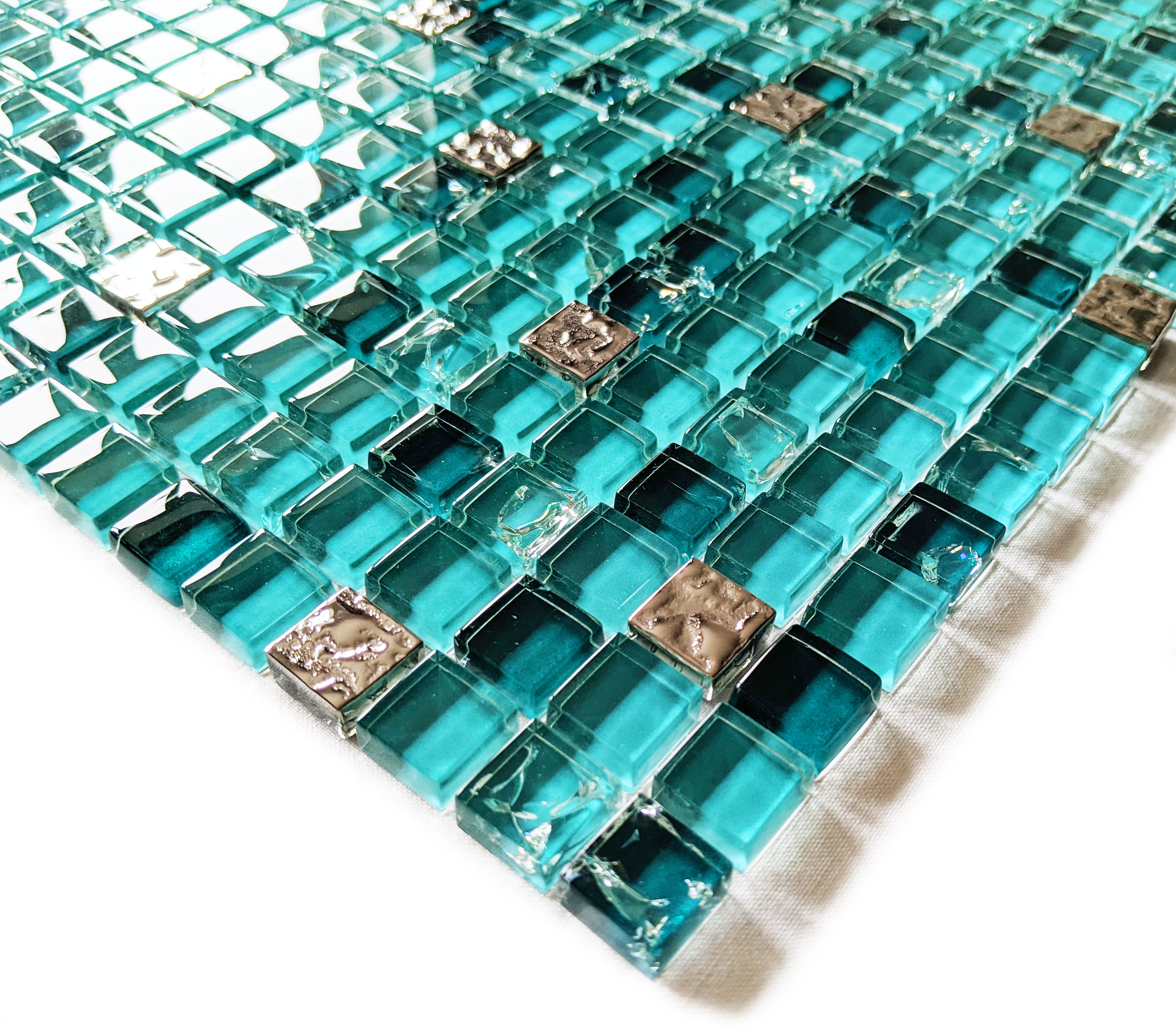 Teal Turquoise Green & Silver Crackle Glass Square Mosaic Tiles 8mm