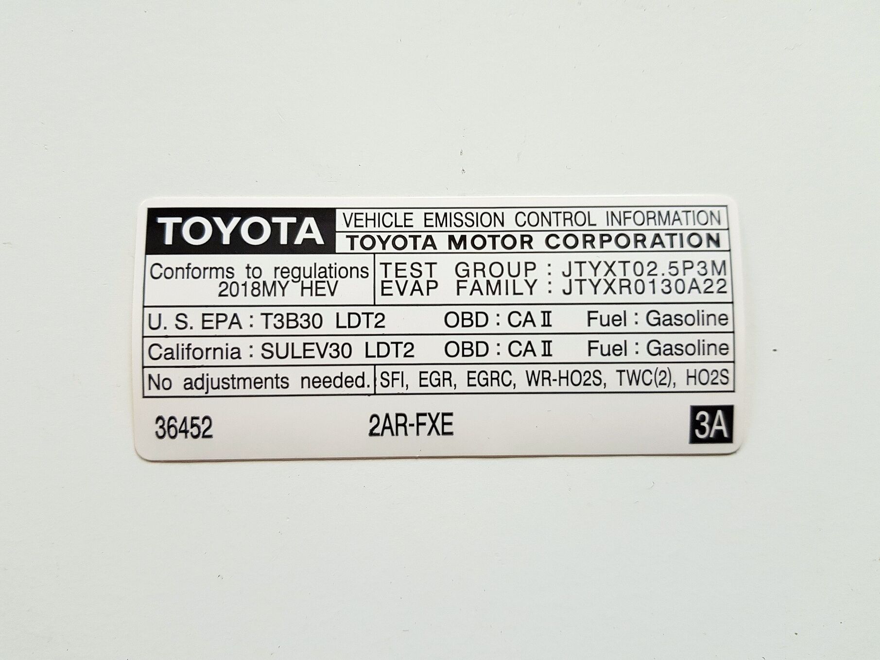 Emisijos lipdukas, Emission Label, TOYOTA RAV4 2016