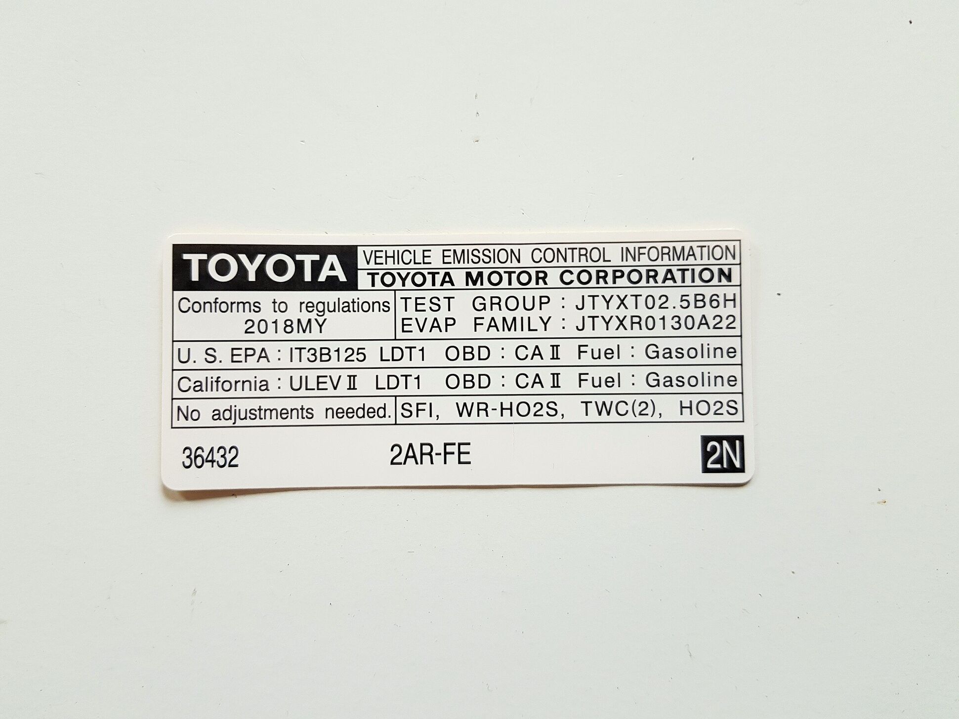 Emisijos lipdukas, Emission Label, TOYOTA RAV4 2015