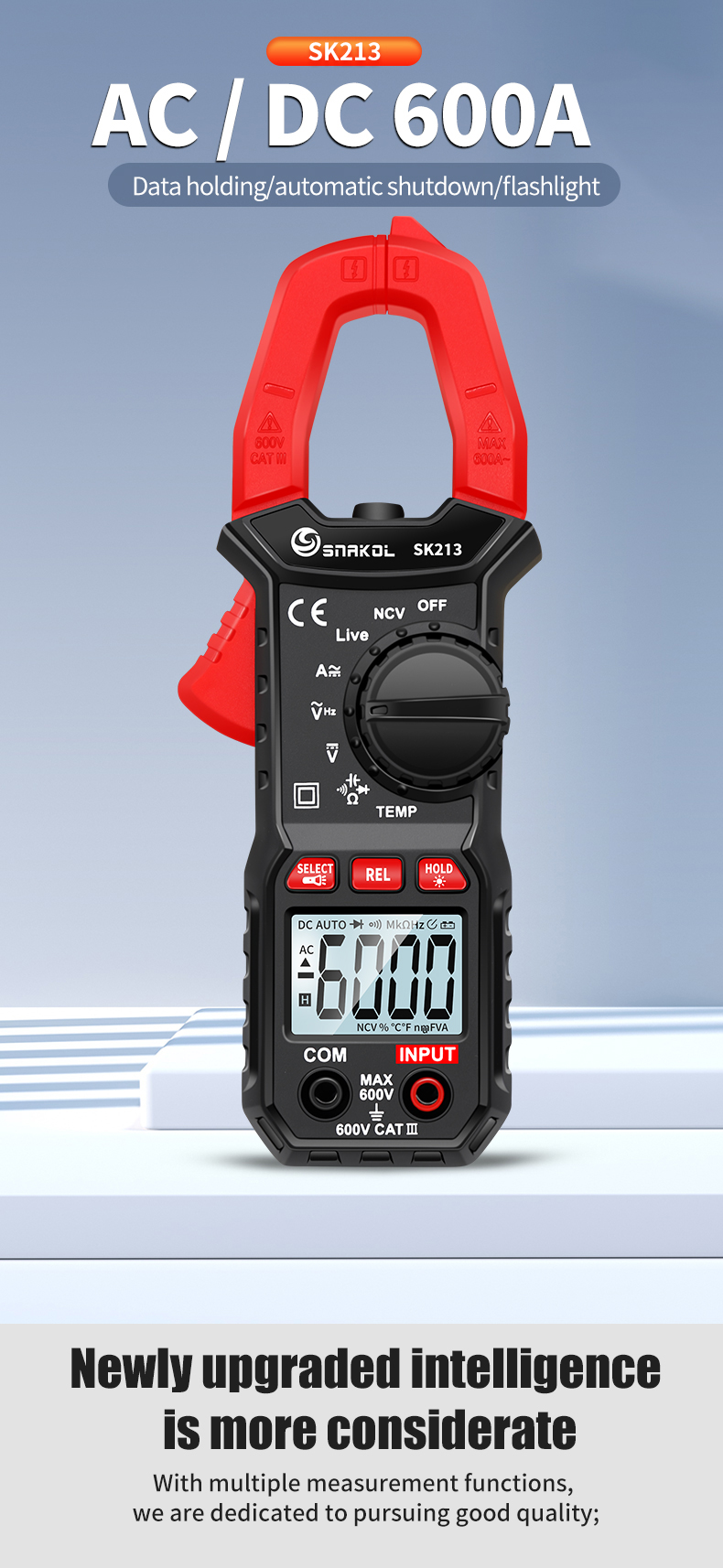 SNAKOL SK213 Digital Clamp Meter 600A DC & AC Current True RMS