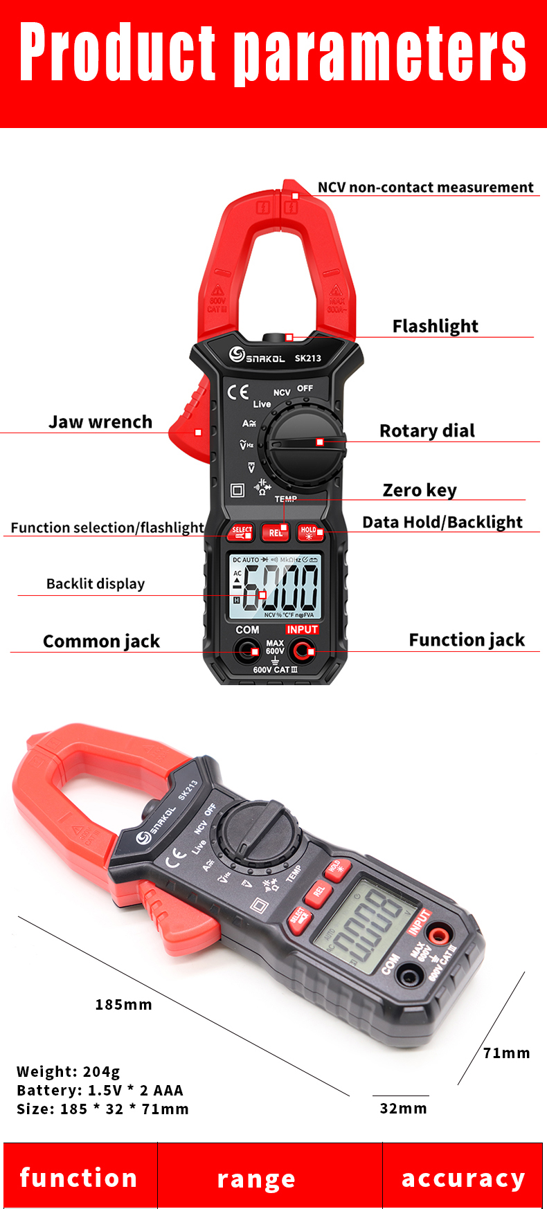 SNAKOL SK213 Digital Clamp Meter 600A DC & AC Current True RMS