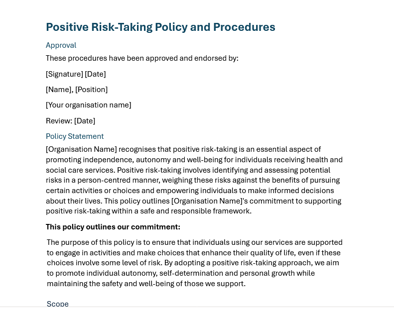 Policy and Procedures Template - Positive Risk-Taking Residential and ...
