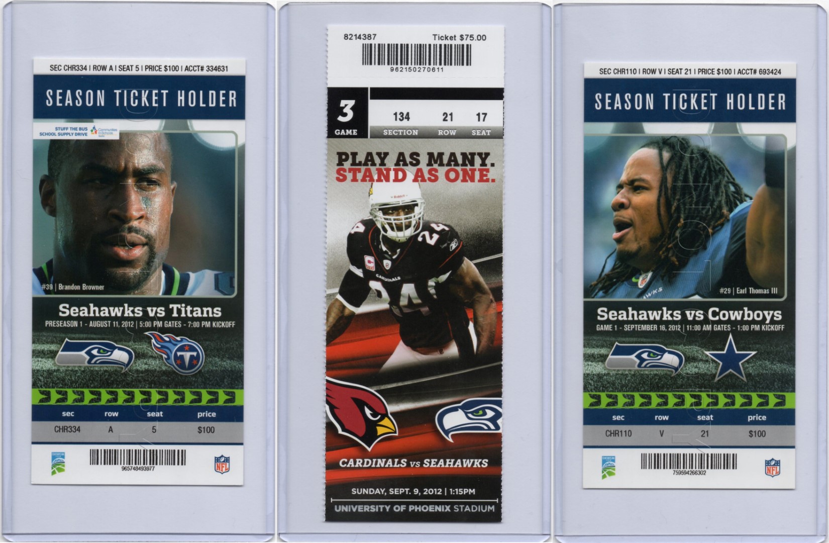 2012 RUSSELL WILSON NFL DEBUT 9/9 SEAHAWKS CARDINALS Full Ticket 1st ...